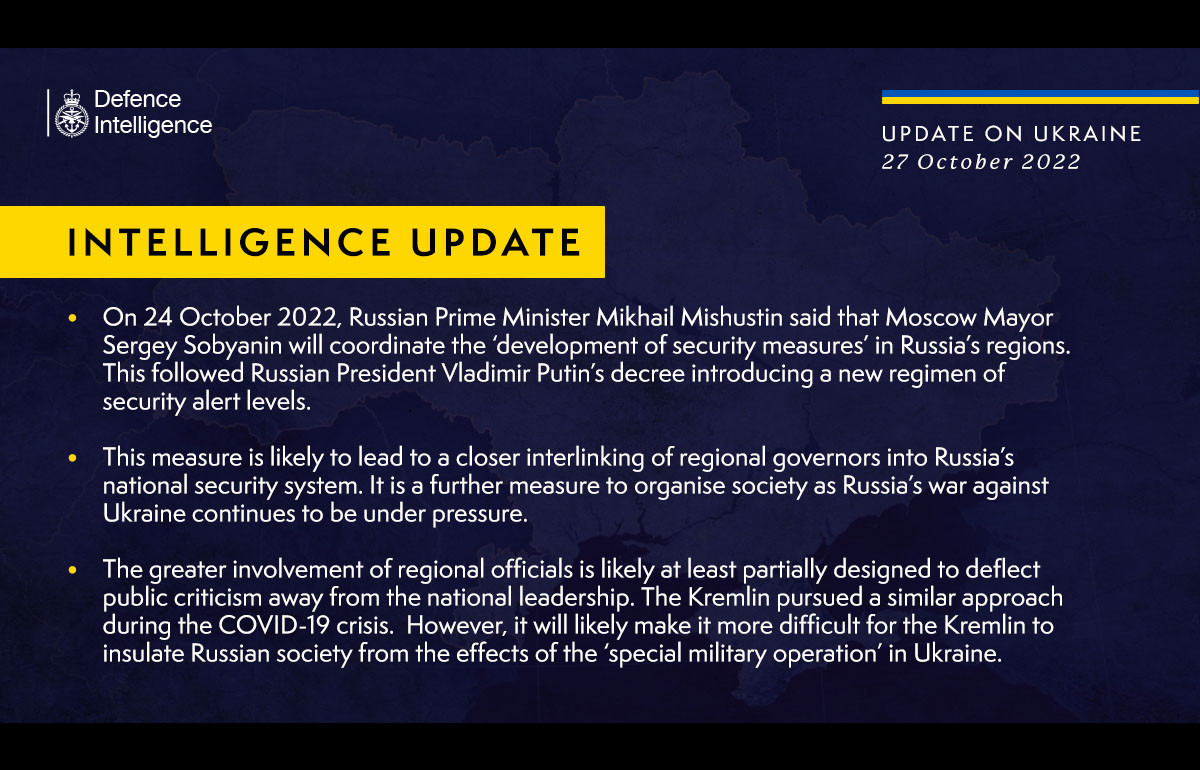 British Defence Intelligence Update Ukraine – 27 October 2022