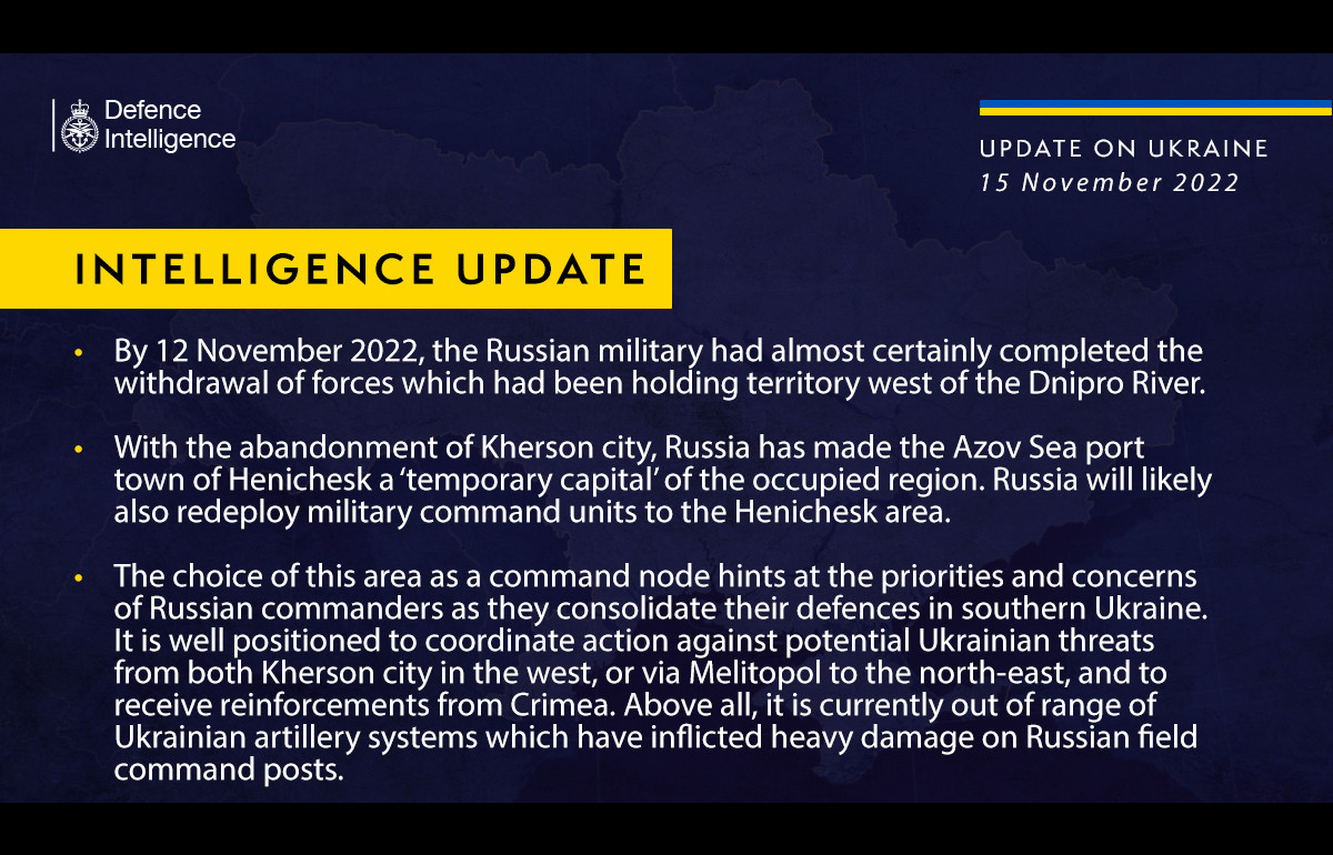 British Defence Intelligence Update Ukraine – 15 November 2022