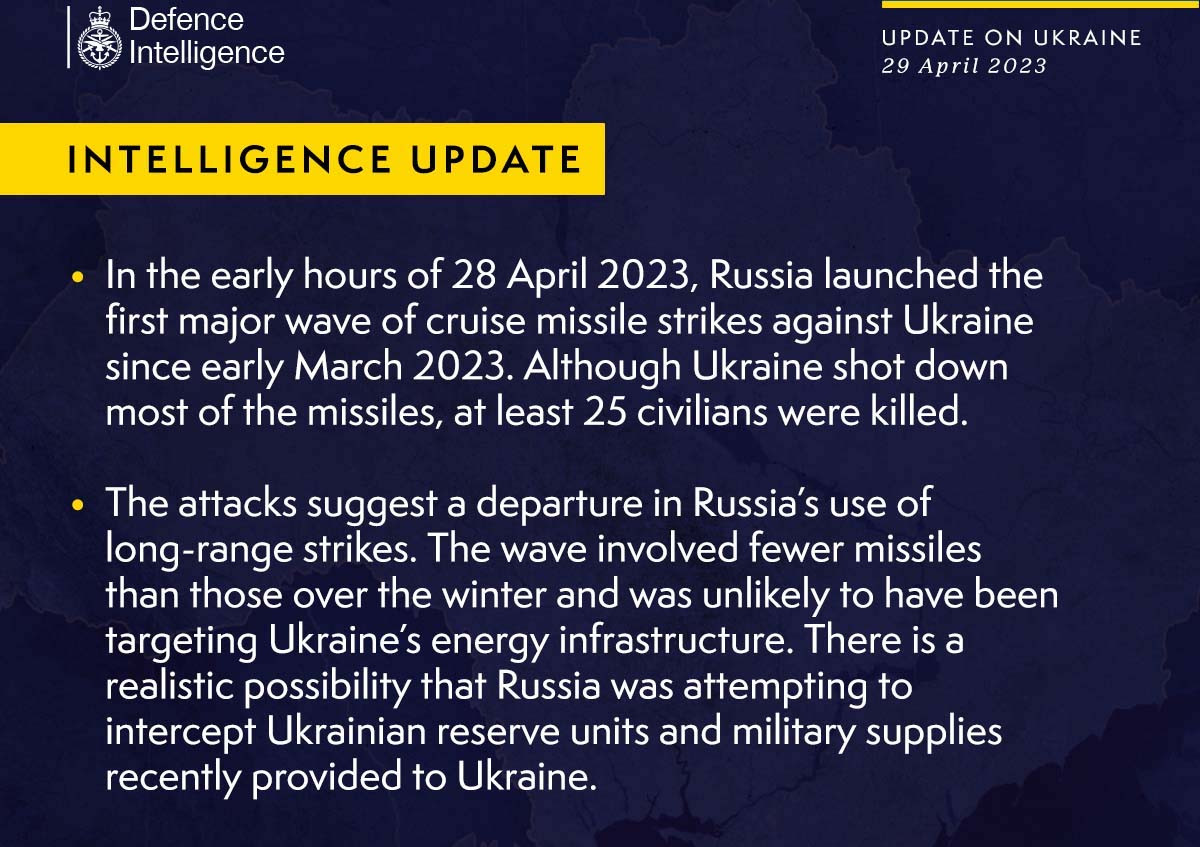 British Defence Intelligence Update Ukraine 29 April 2023