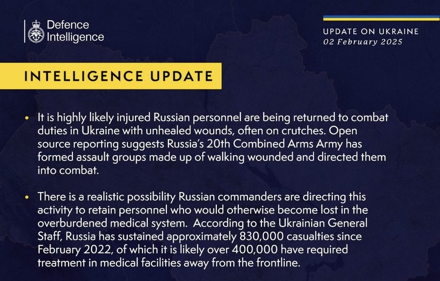 British Defence Intelligence Update Ukraine 2 February 2025