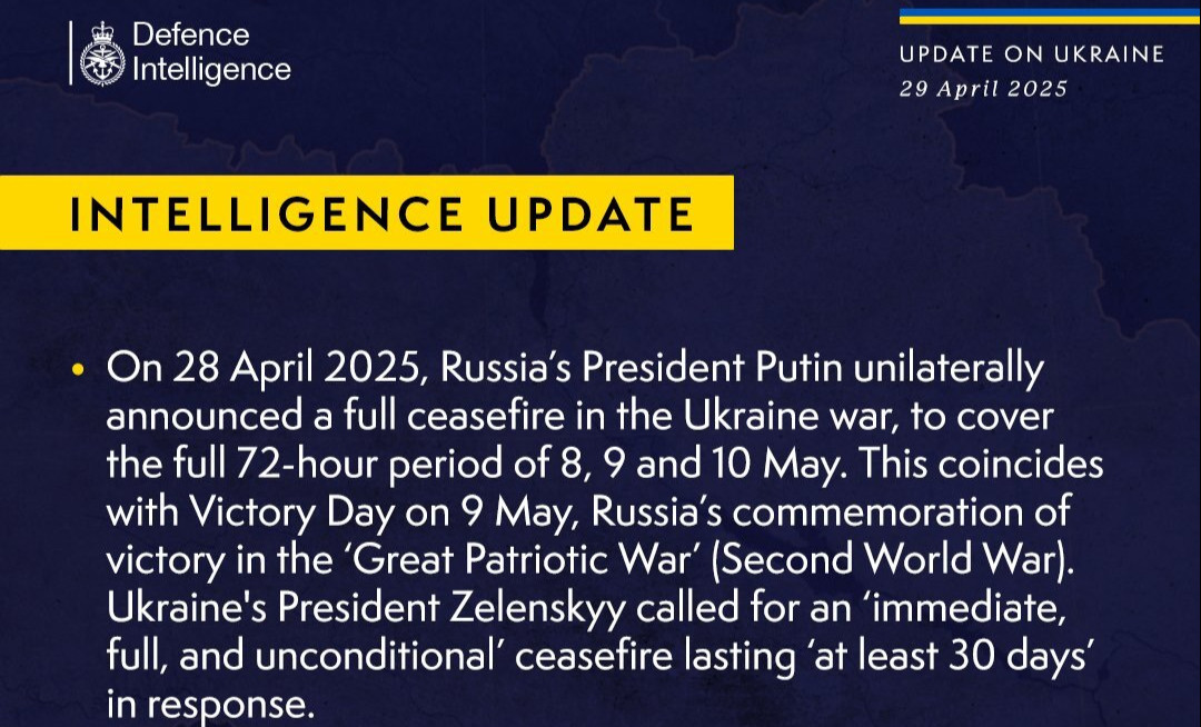British Defence Intelligence Update Ukraine 29 April 2025