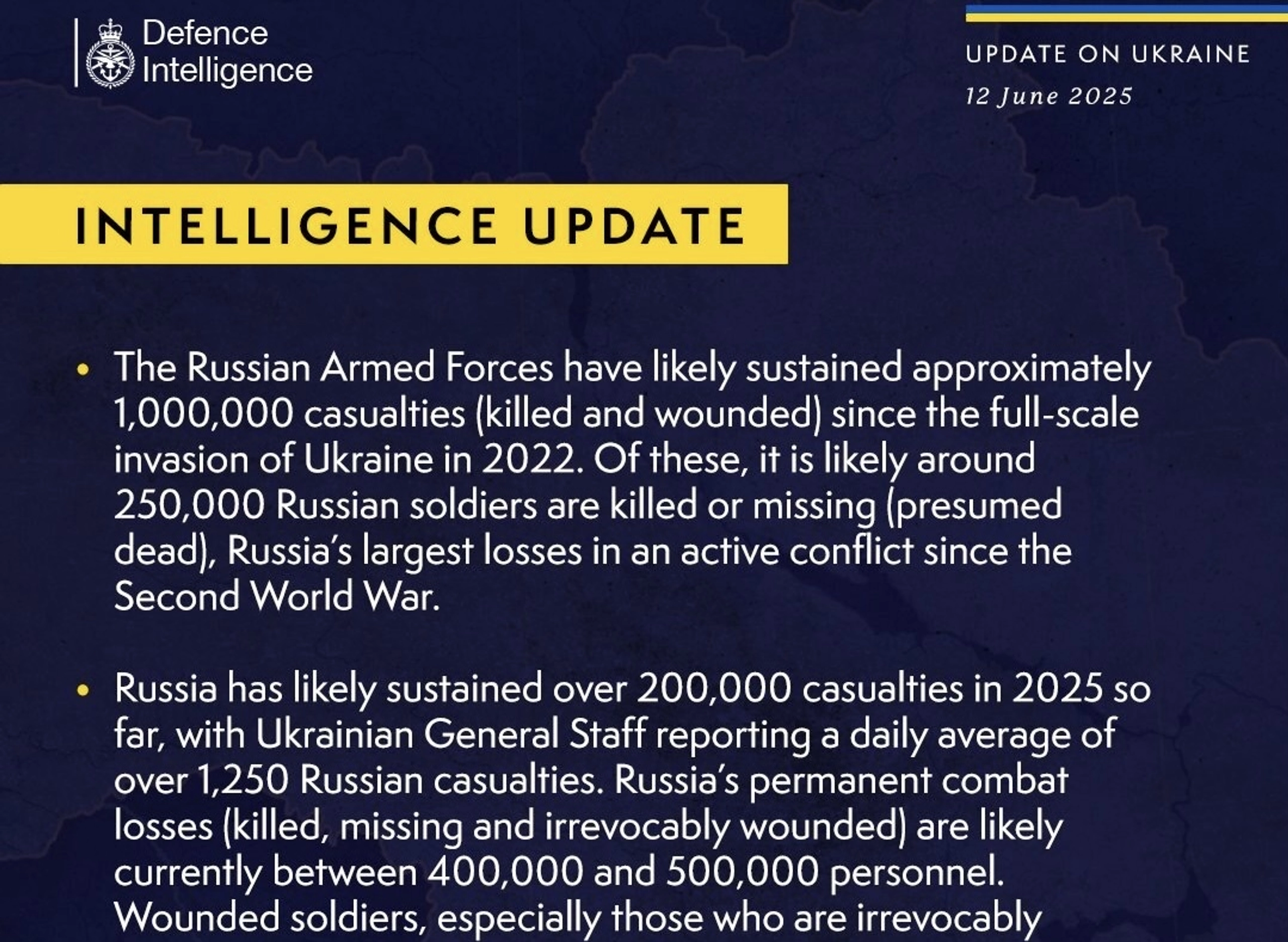 British Defence Intelligence Update Ukraine 12 June 2025