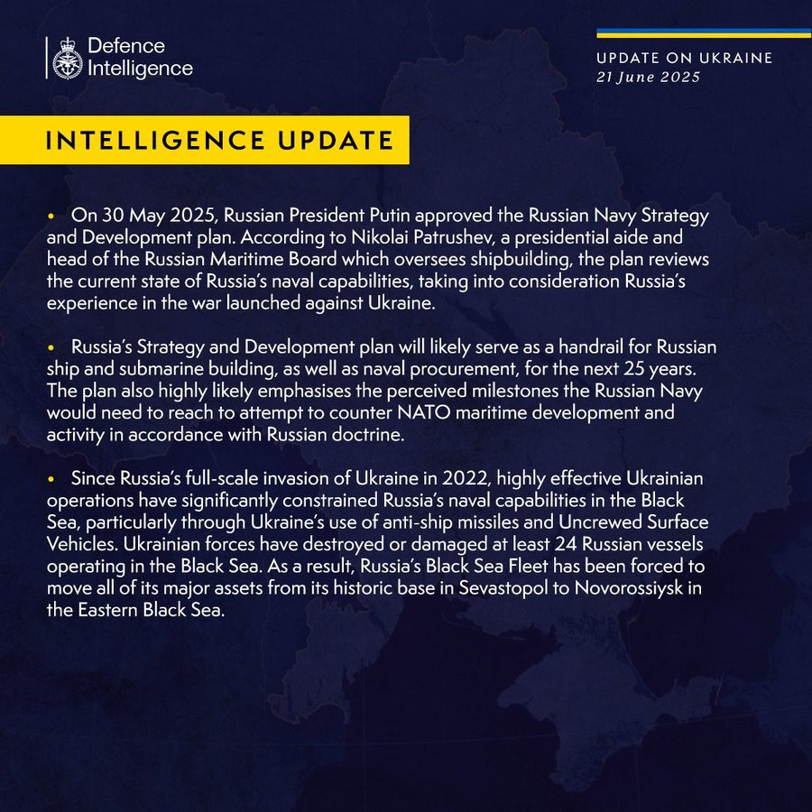 British Defence Intelligence Update Ukraine 21 June 2025