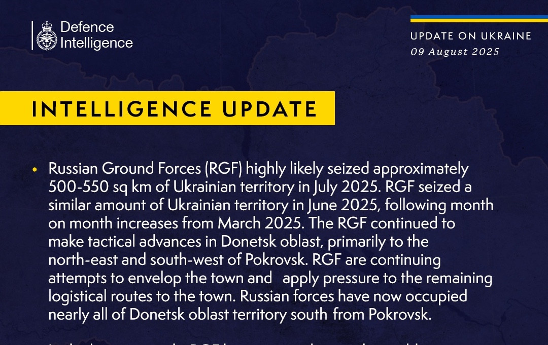 British Defence Intelligence Update Ukraine 9 August 2025