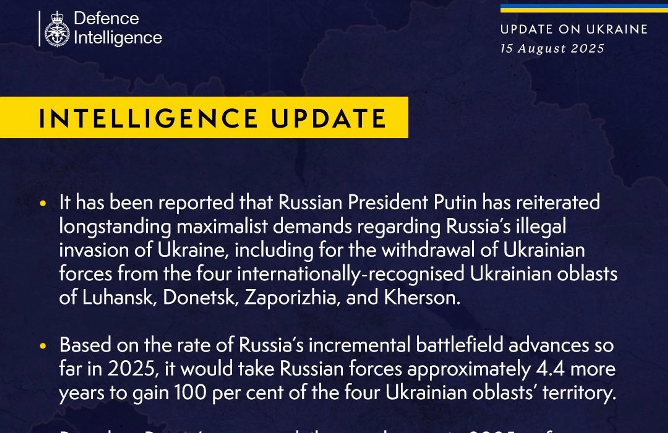 British Defence Intelligence Update Ukraine 15 August 2025