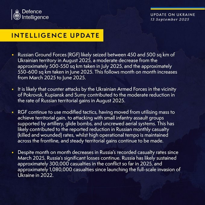 British Defence Intelligence Update Ukraine 13 September 2025