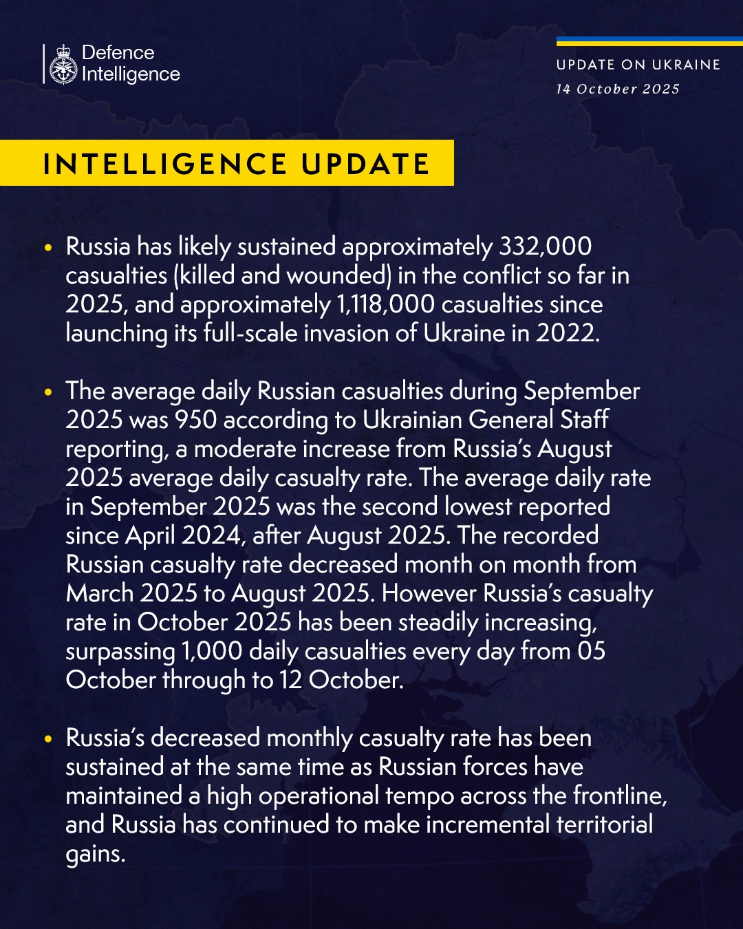 British Defence Intelligence Update Ukraine 14 October 2025