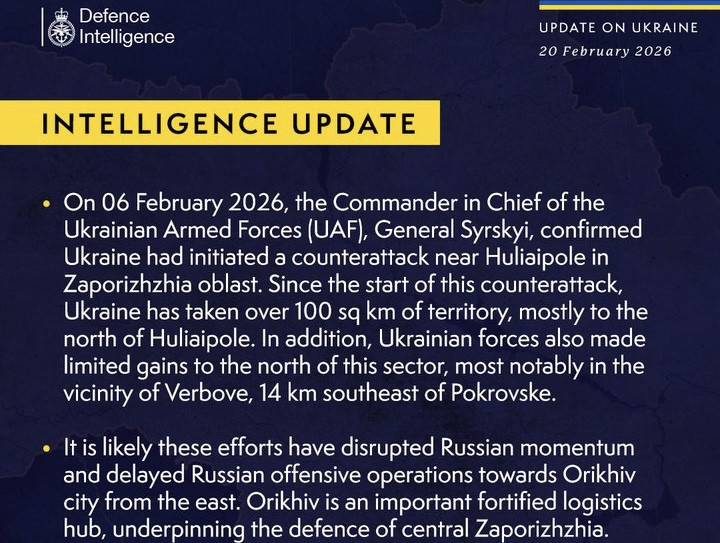British Defence Intelligence Update Ukraine 20 February 2026