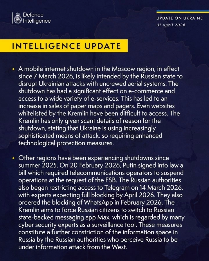 British Defence Intelligence Update Ukraine 1 April 2026